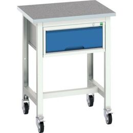 Werkbank Bott verso, Linoleum-Platte, 1 Schublade, mit Querstrebenset, B 700 x T 600 x H 930 mm, Lichtgrau / Enzianblau