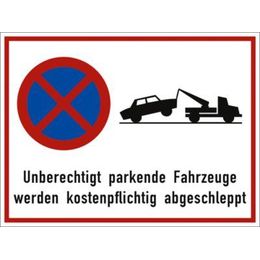 moedel Hinweisschild &bdquo;Unberechtigt parkende Fahrzeuge werden kostenpflichtig abgeschleppt&ldquo;, L 300 x B 400 mm, Aluminium, mehrfarbig