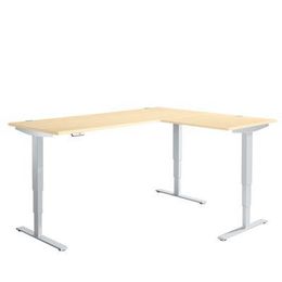 Sch&auml;fer Shop Winkelschreibtisch AERO FLEX, elektrisch h&ouml;henverstellbar, 90&deg; Winkel, T-Fu&szlig;, B 2000 x T 1600 mm, Ahorn/wei&szlig;alu + Memorypanel