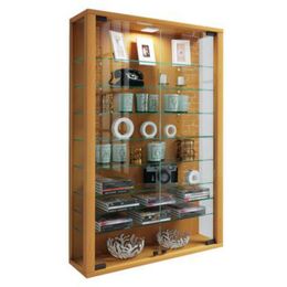 Wandvitrine Vitrosa Mini, mit LED-Beleuchtung, 8 Einlegeb&ouml;den, 2 Fl&uuml;gelt&uuml;ren, B 590 x T 180 x H 910 mm, Glas & Holz, Buche-Dekor