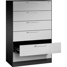 Karteikartenschrank, 3-bahnig DIN A5 quer, 6 Sch&uuml;be mit Vollauszug & B&uuml;gelgriffen, Zentralverschluss, B 800 x T 435 x H 1298 mm, schwarzgrau/alusilber