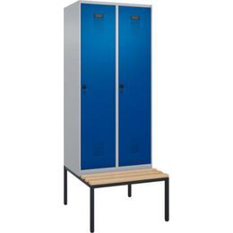 Kleiderspind C+P Evolo Plus, 2 Abteile, 400 mm Abteilbreite, mit untergebauter Sitzbank, B 800 x T 815 x H 2120 mm, Drehriegel, wei&szlig;aluminium/enzianblau