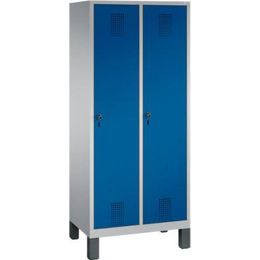 Garderobenspind Evolo S 3000, Stahl, m. F&uuml;&szlig;en, 2 Abteile m. jew. B 400 mm, Sicherheitsdrehriegelverschluss, wei&szlig;aluminium RAL 9006/enzianblau RAL 5010