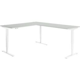 Sch&auml;fer Shop Winkelschreibtisch AERO FLEX, elektrisch h&ouml;henverstellbar, 90&deg; Winkel, T-Fu&szlig;, B 2000 x T 2400 mm, lichtgrau/wei&szlig; + Memorypanel