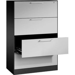 Karteikartenschrank, 2-bahnig DIN A4 quer, 4 Sch&uuml;be mit Vollauszug & B&uuml;gelgriffen, Zentralverschluss, B 800 x T 435 x H 1298 mm, schwarzgrau/alusilber