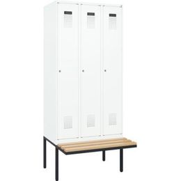 Kleiderspind C+P Evolo Plus, 3 Abteile &agrave; 300 mm Breite, schwebende Sitzbank, B 900 x T 815 x H 2120 mm, Zylinder, verkehrswei&szlig;/verkehrswei&szlig;