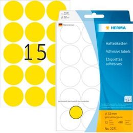 Herma Klebepunkte 2271, &Oslash; 32 mm, selbstklebend, permanenthaftend, per Hand beschreibbar, 480 St&uuml;ck auf 32 Blatt, FSC&reg;-Papier, gelb