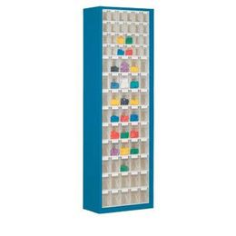 Magazinschrank, Volumen 333 l, 69 herausnehmbare Klappk&auml;sten mit Griffmulde, B 665 x T 250 x H 2000 mm, enzianblau/transparent