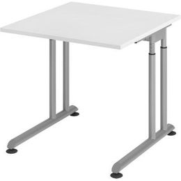 Schreibtisch Breno, manuelle H&ouml;heneinstellung, horizontaler Kabelkanal, B 800 x T 800 x H 680-820 mm, Spanplatte & Stahl, Wei&szlig;/Silber