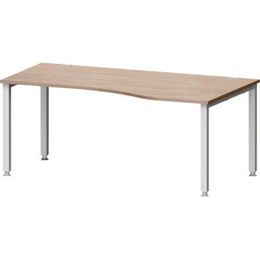 Schäfer Shop Schreibtisch MODENA FLEX, Freiform, Ansatz rechts, 4-Fuß Quadratrohr, B 1800 x T 1000/800 x H 720-820 mm, Eiche/weißaluminium