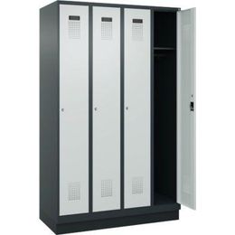 Kleiderspind C+P Evolo Plus, 4 Abteile, 300 mm Abteilbreite, mit Sockel, Anschlag rechts, B 1200 x T 500 x H 1950 mm, Zylinder, anthrazitgrau/lichtgrau