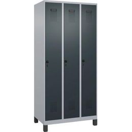 Kleiderspind C+P Evolo Plus, 3 Abteile, 300 mm Abteilbreite, mit F&uuml;&szlig;en, Drehriegel, B 900 x T 500 x H 1950 mm, wei&szlig;aluminium/anthrazitgrau