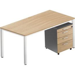 Komplettset BEXXSTAR, Schreibtisch 1600 mm breit und Rollcontainer, Quadratrohrfu&szlig;, Eiche-Dekor/dunkelgrau