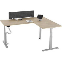 90&deg; Winkeltisch mit Akustik-Tischtrennwand & Kabelf&uuml;hrung, Memorymaster, elektrisch h&ouml;henverstellbar, T-Fu&szlig;, B 2000 x T 1600 mm, Eiche-Dekor