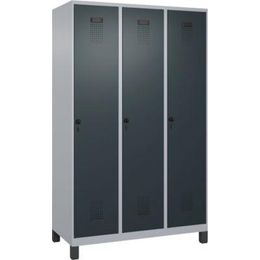Kleiderspind C+P Evolo Plus, 3 Abteile, 400 mm Abteilbreite, mit F&uuml;&szlig;en, Anschlag rechts, B 1200 x T 500 x H 1950 mm, Drehriegel, wei&szlig;aluminium/anthrazitgrau