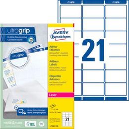Avery Zweckform Adressetiketten L7160-100, mit ultragrip, geeignet f&uuml;r Laserdrucker, 63,5 x 38,1 mm, 2100 St&uuml;ck/100 A4-Bogen, 100 % FSC&reg;-Papier, wei&szlig;