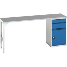 Unterbauwerkbank Bott verso, Linoleum-Platte, 2 Schubladen, 1 T&uuml;r, 1 Ablageboden, B 2000 x T 600 x H 930 mm, Lichtgrau / Enzianblau