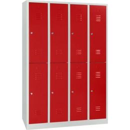 Kleiderspind, 4 Abteile &uuml;bereinander, B 1170 x H 1950 mm, Zylinderschloss, lichtgrau/feuerrot