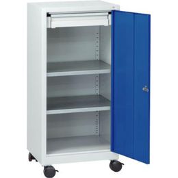 Werkzeugschrank mit Rollen, Fl&uuml;gelt&uuml;r, 2 B&ouml;den, 1 Schub, B 500 x T 500 x H 1000 mm, abschlie&szlig;bar, lichtgrau/blau