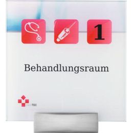moedel MONACO T&uuml;rschild, ESG-Glasscheiben, Aluminiumadapter, individuell beschriftbar, alusilber, Schraub-/Klebemontage, B 148 x H 148 mm
