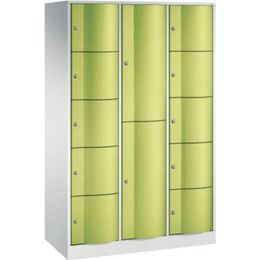 C+P Kombi-Schlie&szlig;fachschrank Resisto, 3 Abteile, 12 F&auml;cher, B 1148 x T 540 x H 1950 mm, Lichtgrau/Clowngr&uuml;n