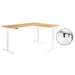Sch&auml;fer Shop Sch&auml;fer Shop Genius Winkelschreibtisch AERO FLEX, elektrisch h&ouml;henverstellbar, 90&deg; Winkel, C-Fu&szlig;, B 2000 x T 1600 mm, Buche-Dekor/wei&szlig;, Memorypanel + Kabelkanal