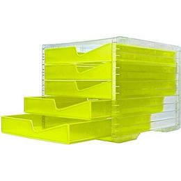 Schubladenbox Styro&reg; Styroswing NEONline, 5 Sch&uuml;be, Auszugsperre & Griffmulde, stapelbar, B 270 x T 340 x H 255 mm, PolyStyrol, transparent-neongelb