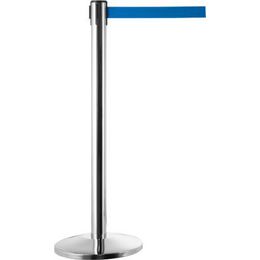 Absperrpfosten, chromsilber, Gurtband blau, ausziehbar bis 2 m, selbstaufrollend, mit Bremse, &Oslash; 360 x H 1040 mm, Metall verchromt