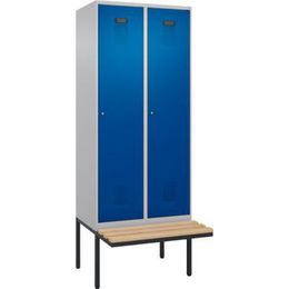 Kleiderspind C+P Evolo Plus, 2 Abteile &agrave; 400 mm Breite, schwebende Sitzbank, B 800 x T 815 x H 2120 mm, Zylinder, wei&szlig;aluminium/enzianblau