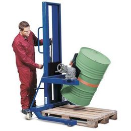 Fasslifter ASECOS, m. Prismenbacken, B 1200 x H 2135 x T 1100 mm, Hubbereich 0 &ndash; 1400 mm, Stahl lackiert