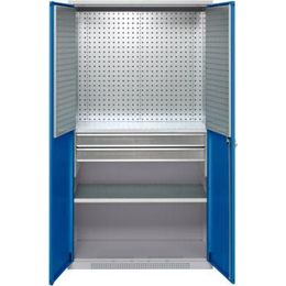 Sch&auml;fer Shop Sch&auml;fer Shop Genius Materialschrank FS, 5 OH, abschlie&szlig;bar, Lochrasterw&auml;nde/2 Sch&uuml;be/2 Fachb&ouml;den, bis 450 kg, B 1055 x T 520 x H 1950 mm, wei&szlig;alu/enzianblau + Gratis Einsatzkastenset-24 tlg.