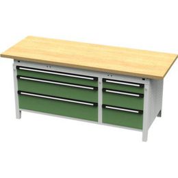 Otto Kind Breitfachwerkbank Typ 425, Buche Multiplexplatte, &uuml;berstehend, bis 1400 kg, B 2004 x T 750 x H 850 mm, Stahl, Zentralverschluss, lichtgrau/resedagr&uuml;n