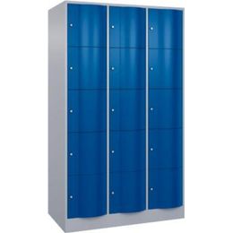 C+P Schlie&szlig;fachschrank Resisto, 3 Abteile, 15 F&auml;cher, B 1148 x T 640 x H 1950 mm, Wei&szlig;alu/Enzianblau