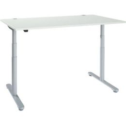 Schreibtisch, zweistufig elektrisch h&ouml;henverstellbar, T-Fu&szlig; Rundrohr, B 1600 x T 800 x H 634-1294 mm, lichtgrau/wei&szlig;aluminium