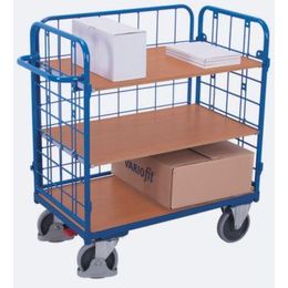 Drahtgitter-Etagenwagen, Stahl/MDF-Platte, Enzianblau/Buche-Dekor, 1 Etage, 1200 x 800 mm, einh&auml;ngbare L&auml;ngswand, EasySTOP, bis 500 kg