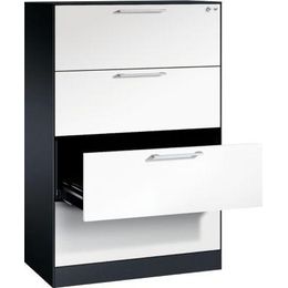 Karteikartenschrank, 2-bahnig DIN A4 quer, 4 Sch&uuml;be mit Vollauszug & B&uuml;gelgriffen, Zentralverschluss, B 800 x T 435 x H 1298 mm, schwarzgrau/wei&szlig;