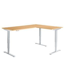 Sch&auml;fer Shop Winkelschreibtisch AERO FLEX, elektrisch h&ouml;henverstellbar, 90&deg; Winkel, T-Fu&szlig;, B 2000 x T 1600 mm, Buche/wei&szlig;alu + Memorypanel