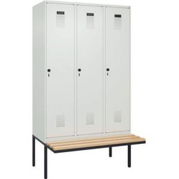 Kleiderspind C+P Evolo Plus, 3 Abteile &agrave; 400 mm Breite, schwebende Sitzbank, B 1200 x T 815 x H 2120 mm, Drehriegel, lichtgrau/lichtgrau