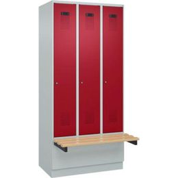Kleiderspind C+P Evolo Plus, 3 Abteile &agrave; 300 mm Breite, Sockel, schwebende Sitzbank, B 900 x T 815 x H 1950 mm, Zylinder, lichtgrau/rubinrot