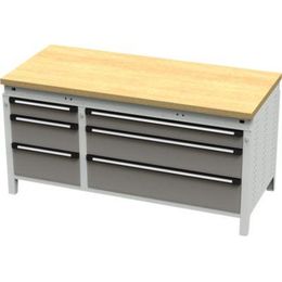 Otto Kind Breitfachwerkbank Typ 420, b&uuml;ndig, Buche Multiplexplatte, bis 1400 kg, B 1697 x T 750 x H 850 mm, Stahl, Zentralverschluss, lichtgrau/staubgrau