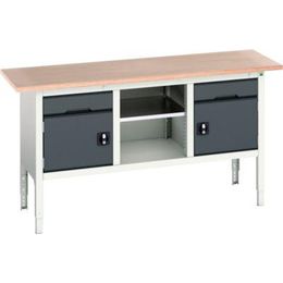 Kastenwerkbank Bott verso, Multiplex-Platte, 2 Schubladen, 1 Ablageboden, 2 T&uuml;ren, B 1750 x T 600 x H 830 - 930 mm, Lichtgrau / Anthrazitgrau