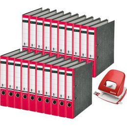 Ordner Leitz 1050, R&uuml;ckenbreite 52 mm, 20 St&uuml;ck + Locher Leitz 5008, 3 mm/30 Blatt, rot