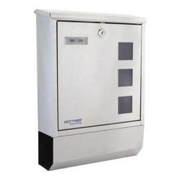 Rottner Briefkasten Corto Inox, Wandmontage, Namensschild/Sichtfenster/Postrolle, Zylinderschloss, 2 Schl&uuml;ssel, Edelstahl, B 300 x T 100 x H 435 mm