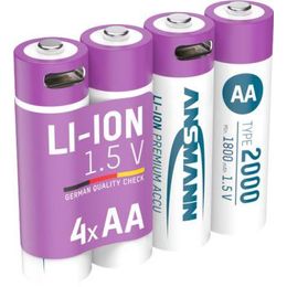Li-Ion Akkus Ansmann Mignon AA, 1,5 V, Typ 2000 (min. 1800 mAh), 3,26 Wh, Type C Ladung, 4 Stück