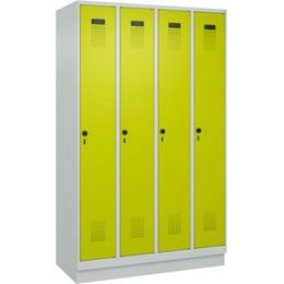 Kleiderspind C+P Evolo Plus, 4 Abteile, 300 mm Abteilbreite, mit Sockel, Anschlag rechts, B 1200 x T 500 x H 1950 mm, Drehriegel, lichtgrau/clowngr&uuml;n