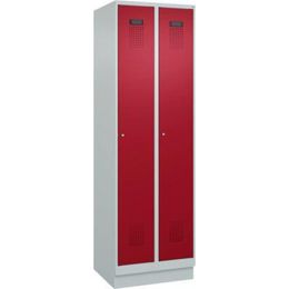 Kleiderspind C+P Evolo Plus, 2 Abteile, 300 mm Abteilbreite, mit Sockel, Anschlag rechts, Zylinder, B 600 x T 500 x H 1950 mm, lichtgrau/rubinrot