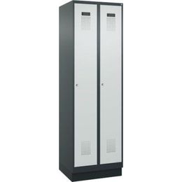 Kleiderspind C+P Evolo Plus, 2 Abteile, 300 mm Abteilbreite, mit Sockel, Anschlag rechts, Zylinder, B 600 x T 500 x H 1950 mm, anthrazitgrau/lichtgrau