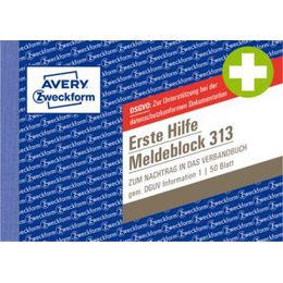 Avery Zweckform AVERY&reg; Zweckform Meldeblock &bdquo;Erste Hilfe DGUV Vorschrift 1&ldquo;, gelocht, 50 Blatt wei&szlig;, DIN A6 quer