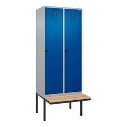 Kleiderspind C+P Evolo Plus, 2 Abteile &agrave; 400 mm Breite, schwebende Sitzbank, B 800 x T 815 x H 2120 mm, Drehriegel, wei&szlig;aluminium/enzianblau