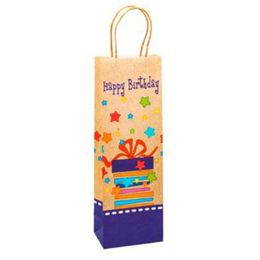 Geschenkt&uuml;te f&uuml;r Flaschen &bdquo;Happy Birthday&ldquo;, mit Tragekordel, B 120 x T 80 x H 360 mm, Kraftpapier, beige & farbig bedruckt, 6 St&uuml;ck
